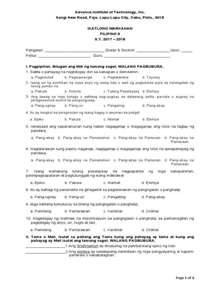 FILIPINO 9 - 3rd Grading (Questionaire) | PDF