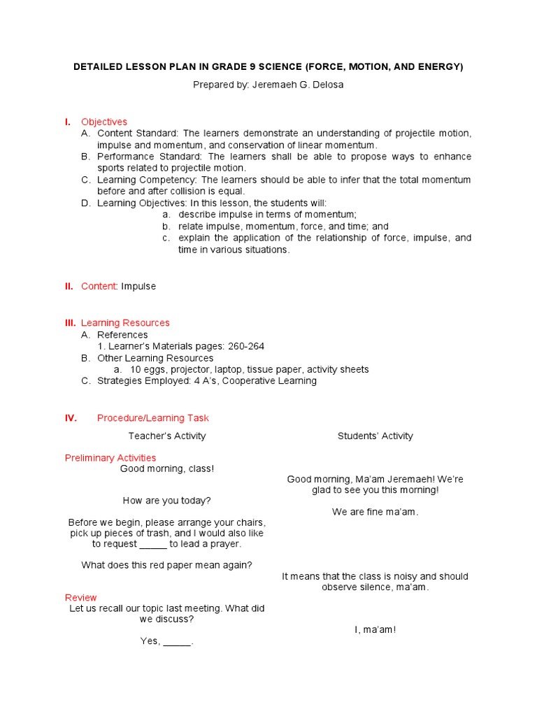 I. Objectives: Detailed Lesson Plan in Grade 9 Science (Force, Motion, and Energy) | PDF ...
