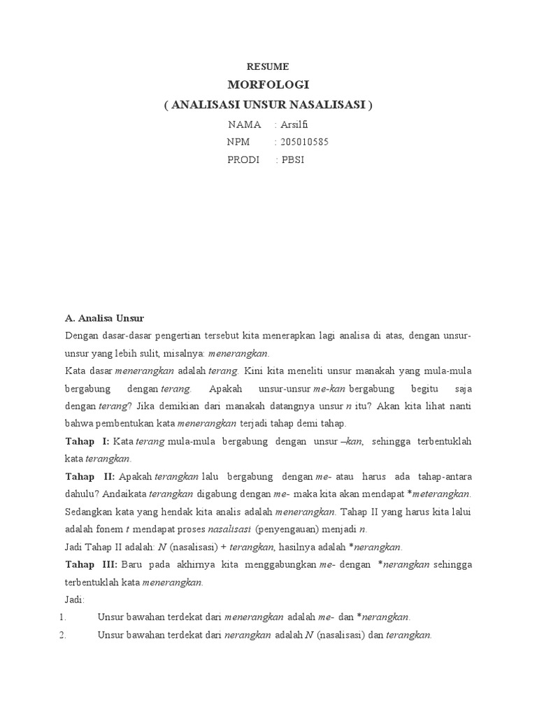 Resume Morfologi Analisasi Unsur Nasalisasi | PDF