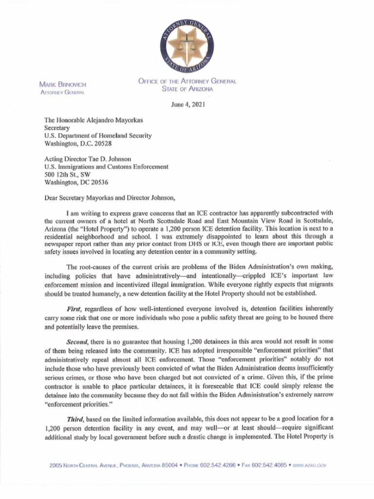 6-4 Ariz AG Letter On ICE Hotel Contracts | Download Free PDF | United ...