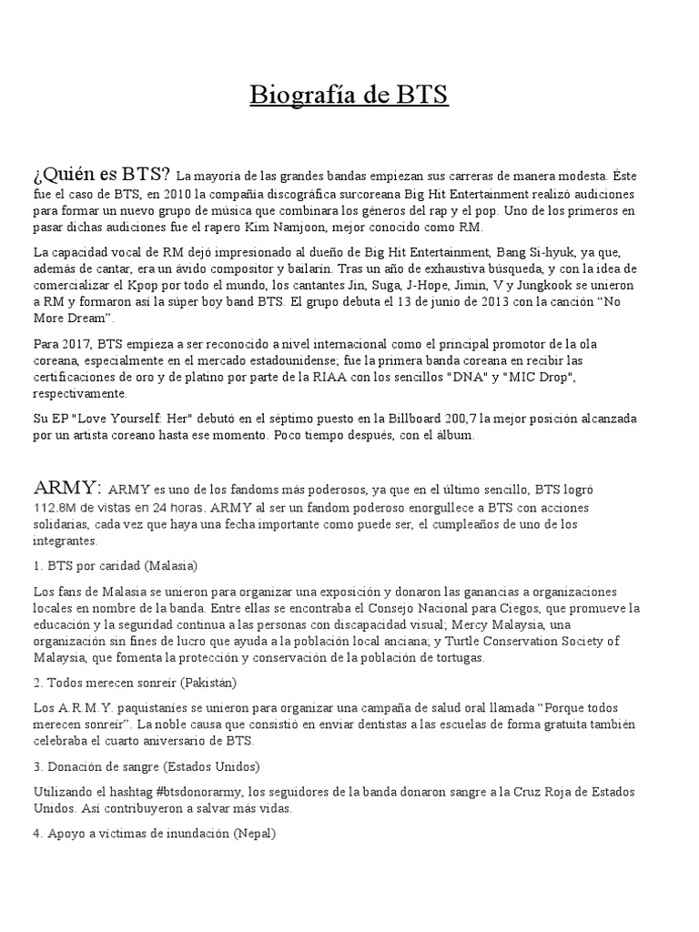Biografía de BTS | PDF | Entretenimiento (general) | Salud y bienestar