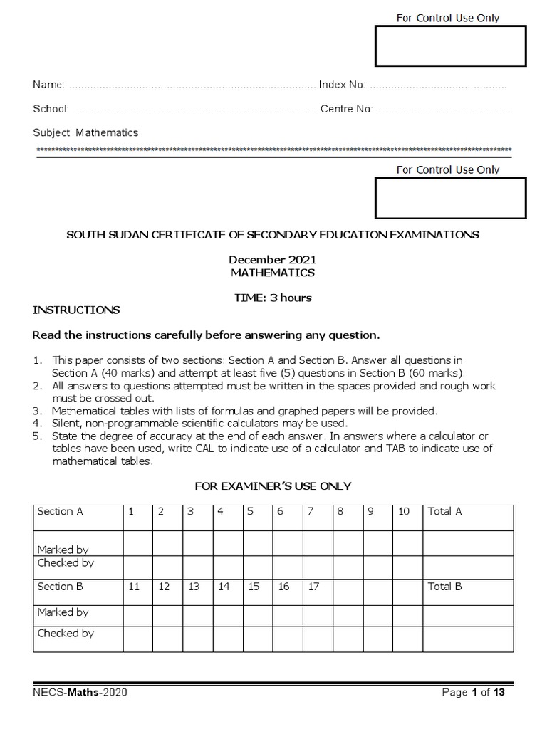 South Sudan Certificate of Secondary Education Examinations December ...
