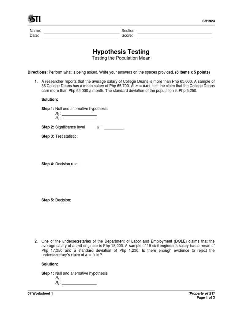 07 Worksheet 1 | PDF | Statistical Hypothesis Testing | Statistical ...