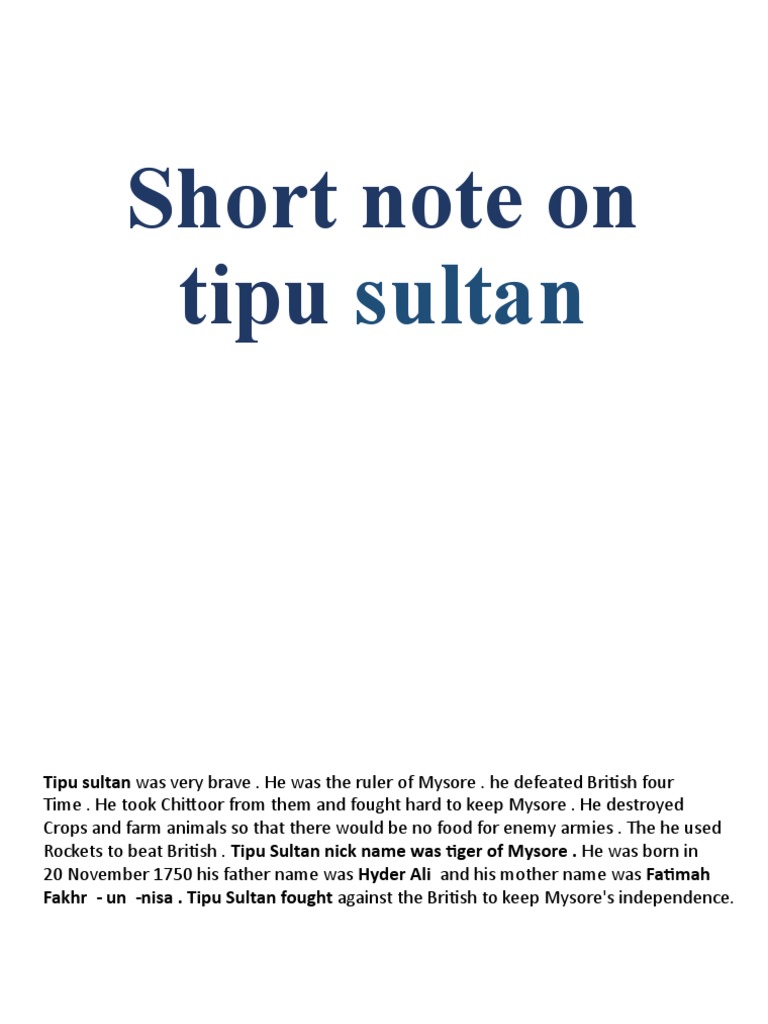 Short Note On Tipu: Sultan | PDF | Politics | Sports & Recreation