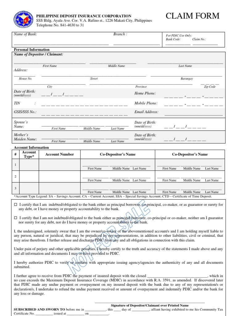 PDIC Claim Form | Identity Document | Deposit Account