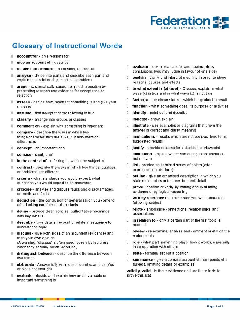 Glossary of Instructional Words | PDF | Reason | Argument