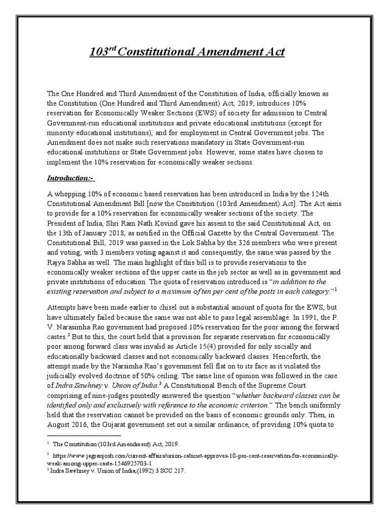 103rd Constitutional Amendment Act | PDF | Policy | Government Of India