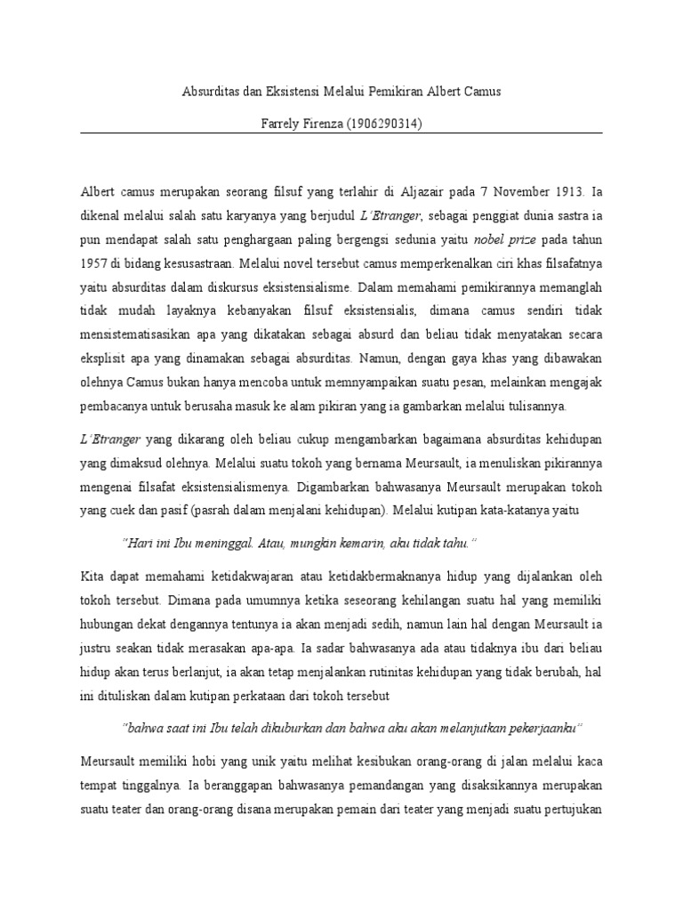 Absurditas Dan Eksistensi Melalui Pemikiran Albert Camus | PDF