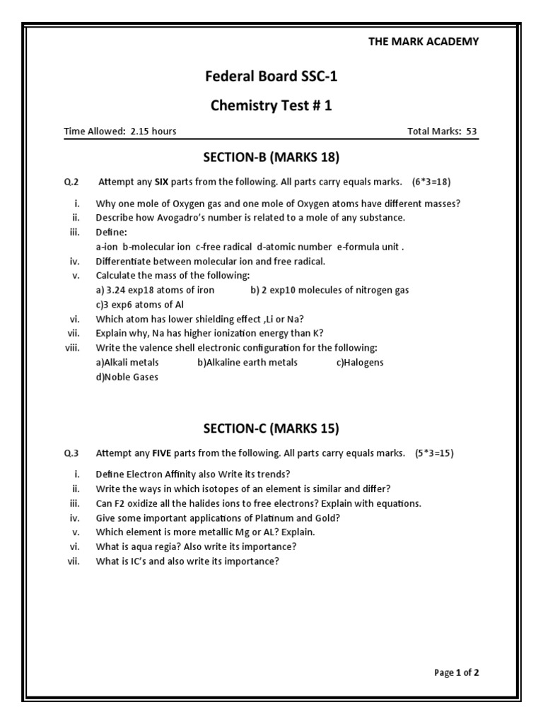Federal Board SSC-1 Chemistry Test | PDF | Atoms | Ion