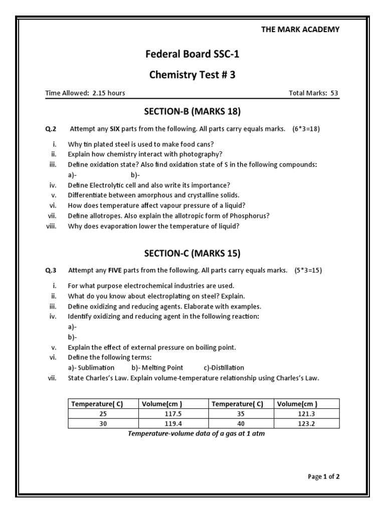 Federal Board SSC-1 Chemistry Test # 3: Section-B (Marks 18) | PDF ...