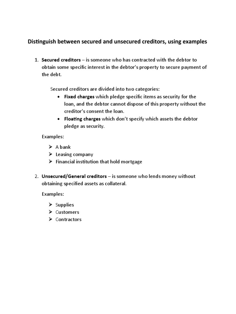Distinguish Between Secured and Unsecured Creditors, Using Examples ...