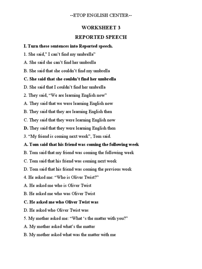 Worksheet 3 - Reported Speech | PDF