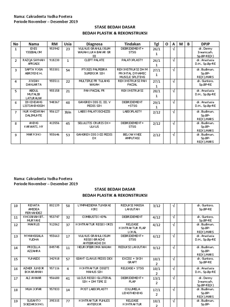 LogBook Bedah Plastik & Rekonstruksi RSGS | PDF