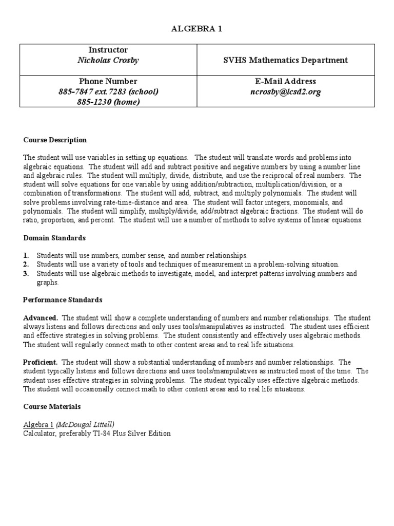Algebra 1 Syllabus | PDF | Equations | Polynomial
