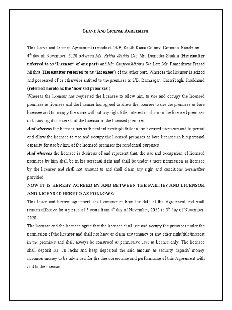 Leave and License Agreement | PDF | License | Law And Economics