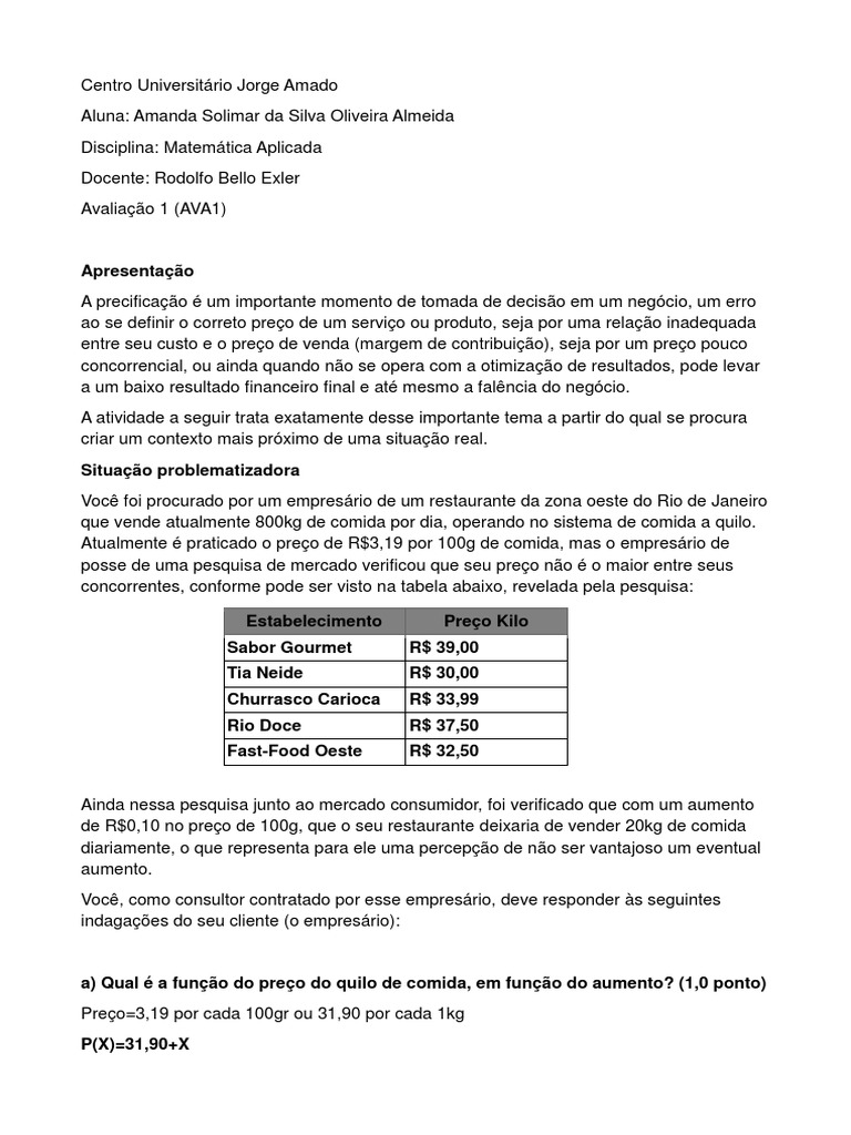 Matematica Aplicada AVA1 | PDF | Economias | Business Matematica Aplicada AVA1 | PDF | Economias | Business