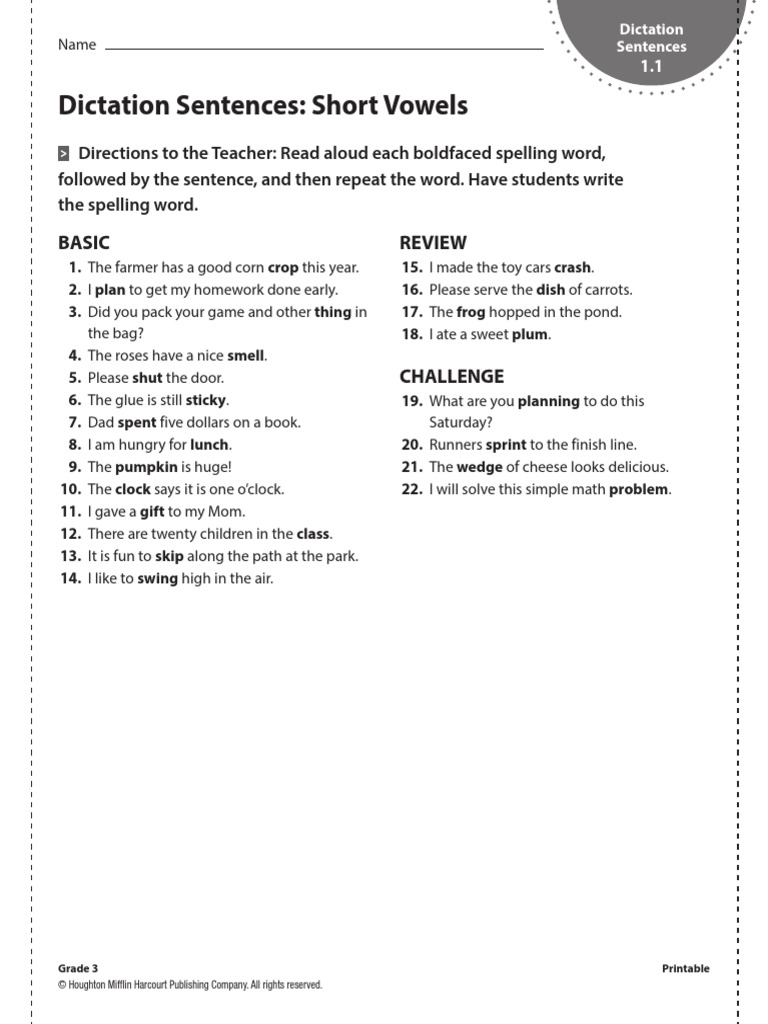 Dictation Sentences: Short Vowels: Basic Review | PDF | Nature