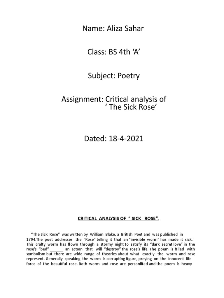 Critical Analysis of Sick Rose | PDF | William Blake | Poetry