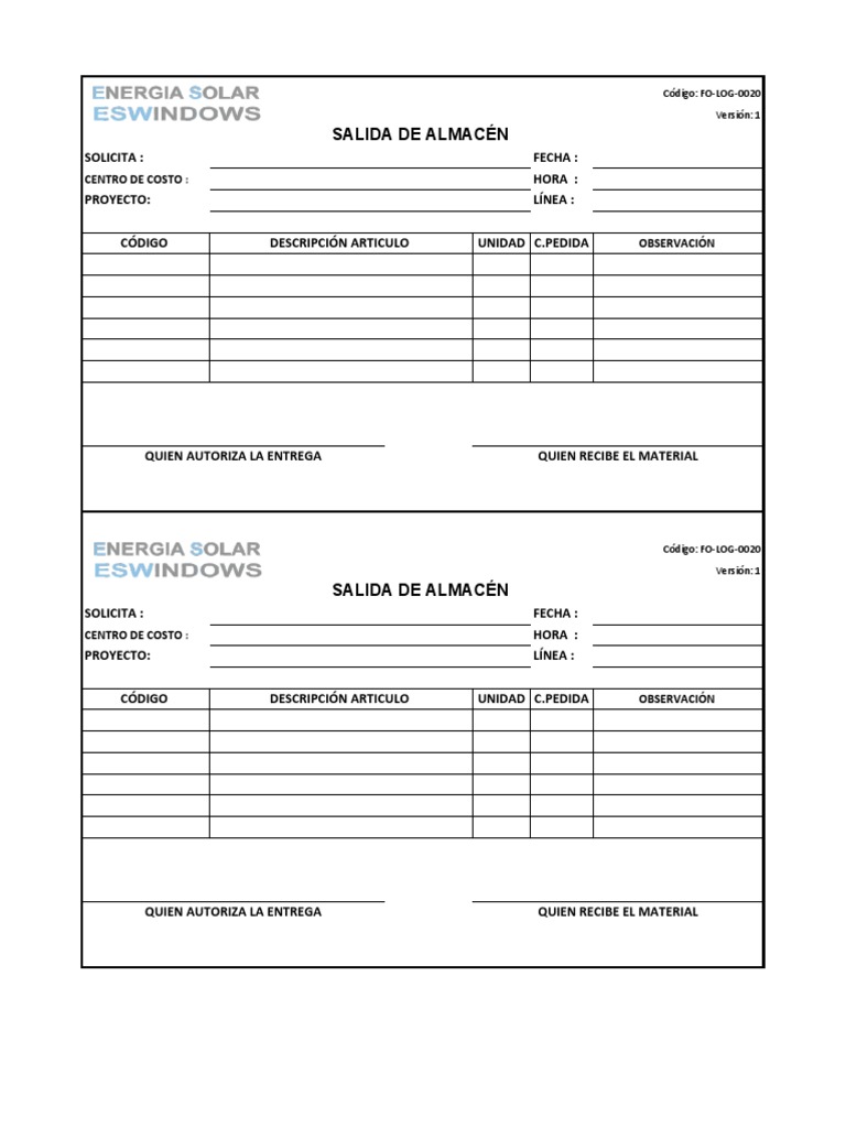 Formato Salidas de Almacen | PDF