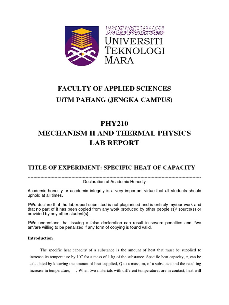 PHY210 Mechanism Ii and Thermal Physics Lab Report: Faculty of Applied ...