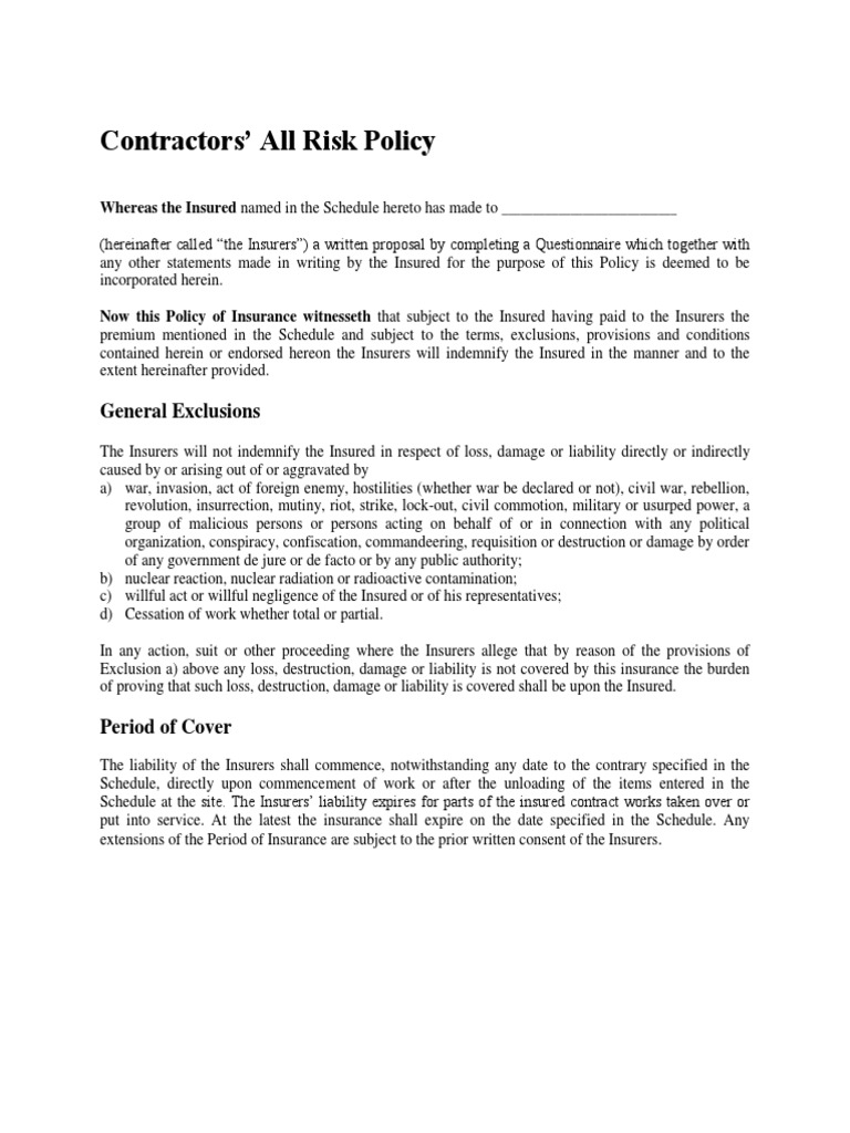 Contractors All Risk | PDF | Indemnity | Liability Insurance