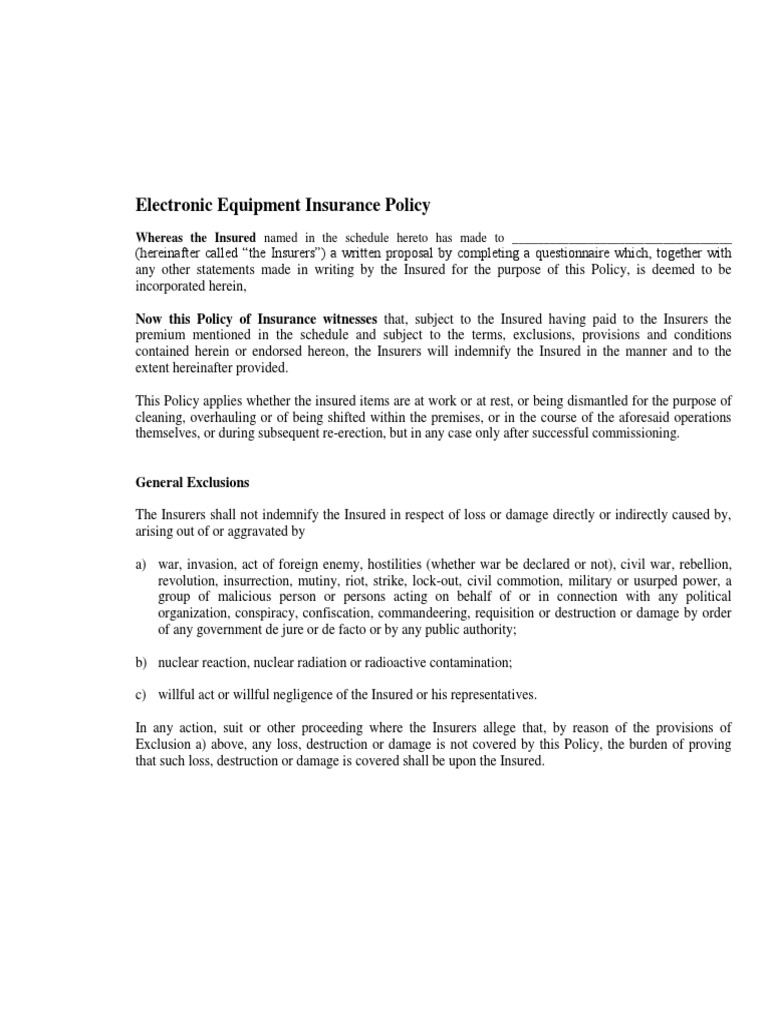Electronic Equipment Insurance | PDF | Indemnity | Deductible