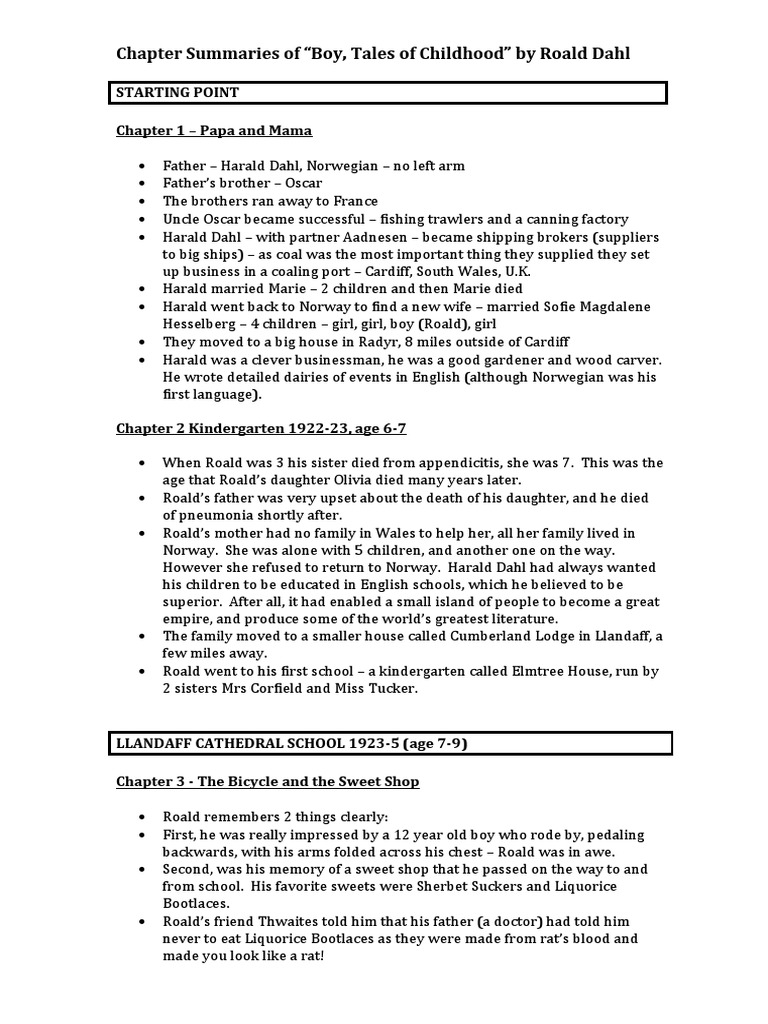 Chapter Summaries of "Boy, Tales of Childhood" by Roald Dahl | PDF