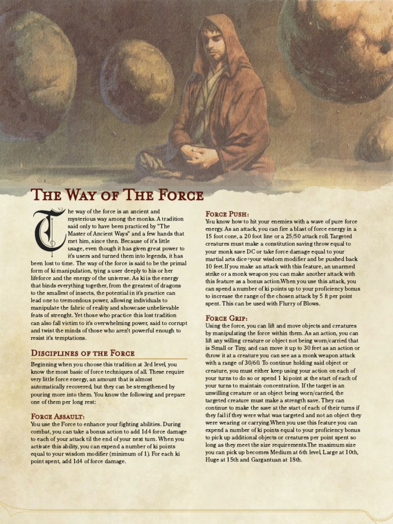 The Homebrew Way of The Force Monk DND 5e | PDF | Force | Mind
