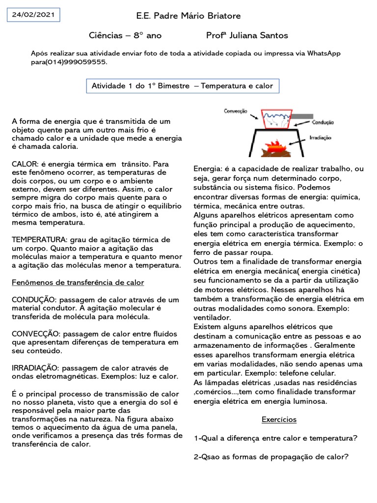Atvidades 8 Ano (1 Atividade) | PDF | Calor | Transferência de calor
