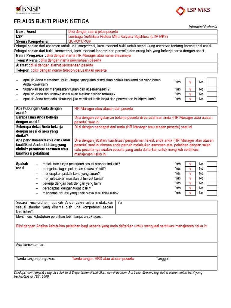Formulir Pihak Ketiga LSP Mks - Contoh | PDF