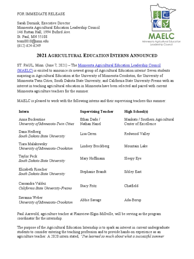 2021 Minnesota Agricultural Education Interns | PDF | Learning Programs ...