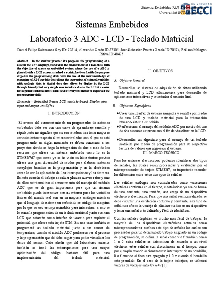 Laboratorio 3 ADC - LCD - Teclado Matricial | PDF | Conversor analógico a digital | Señal analoga