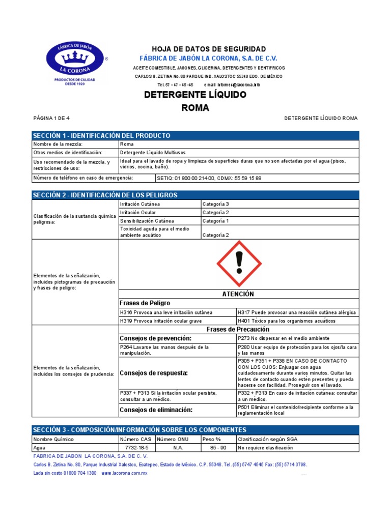 Hoja de Seguridad Liq - Roma | PDF | Detergente | Agua