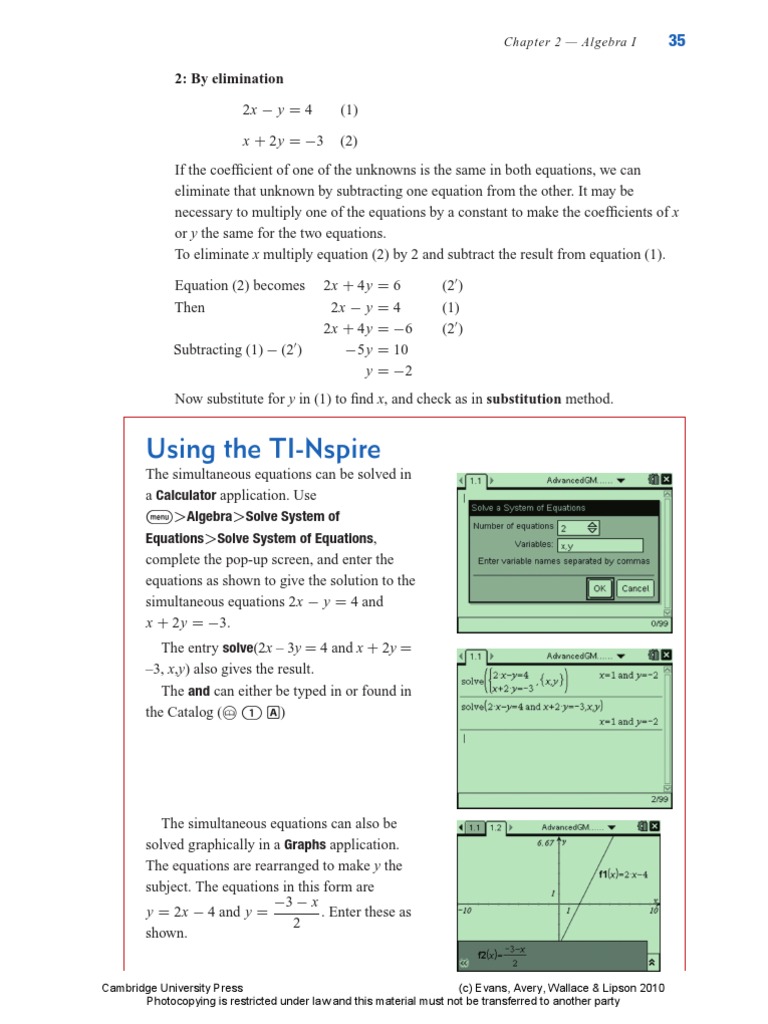 Using The TI-Nspire: 2: by Elimination | PDF | Factorization | Equations