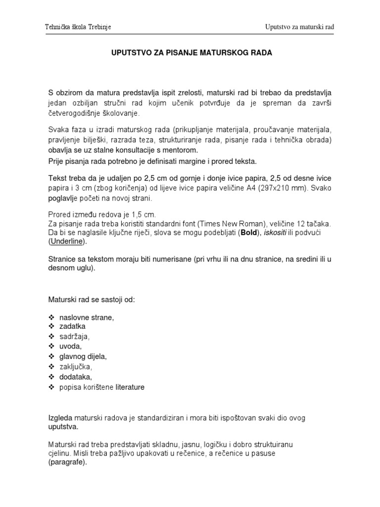 Uputstvo Za Pisanje Maturskog Rada | PDF