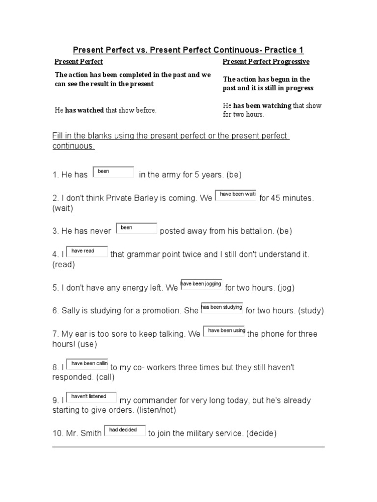 Present Perfect vs. Continuous Practice | PDF | Language Arts & Discipline