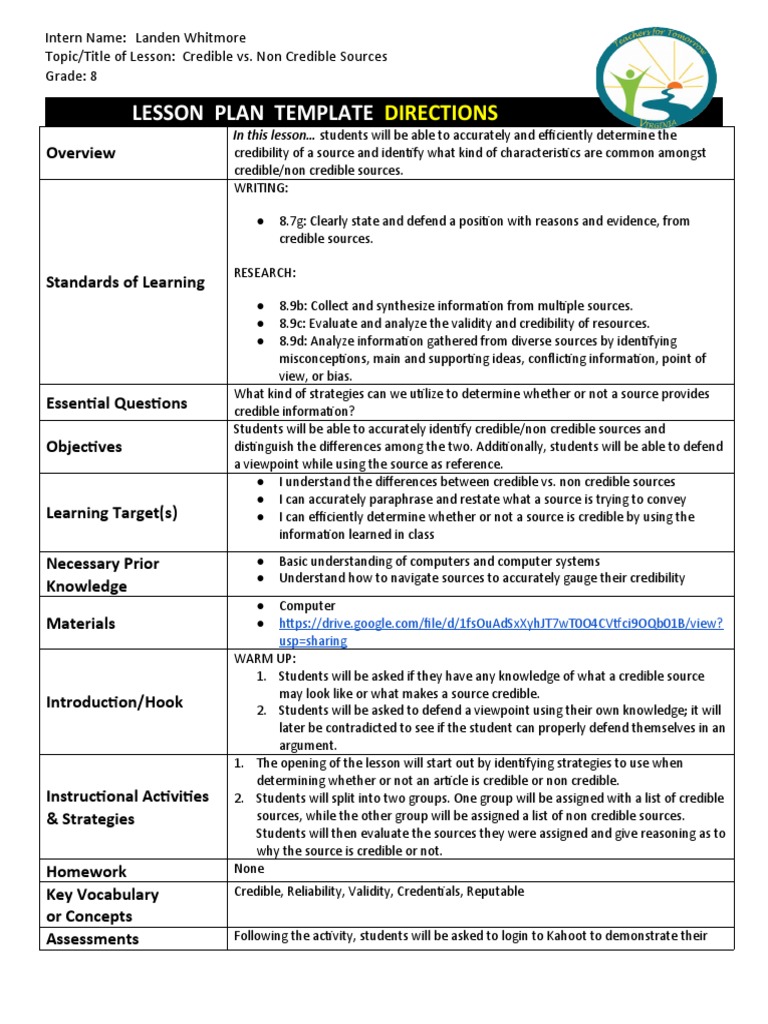 Lesson Plan VTFT Internship 2021 Credible Vs | PDF | Credibility ...