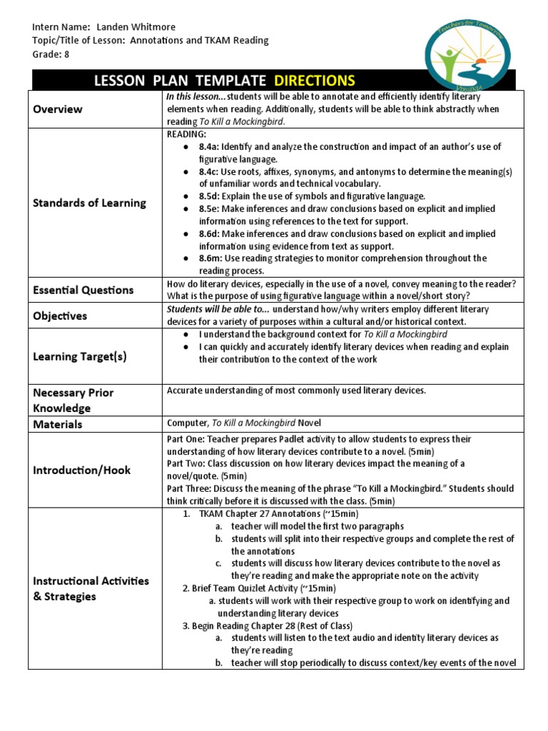 Lesson Plan VTFT Internship 2021 Annotations and Tkam Reading | PDF ...