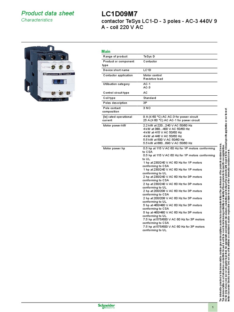 LC1D09M7: Product Data Sheet | PDF | Alternating Current | Electric Motor