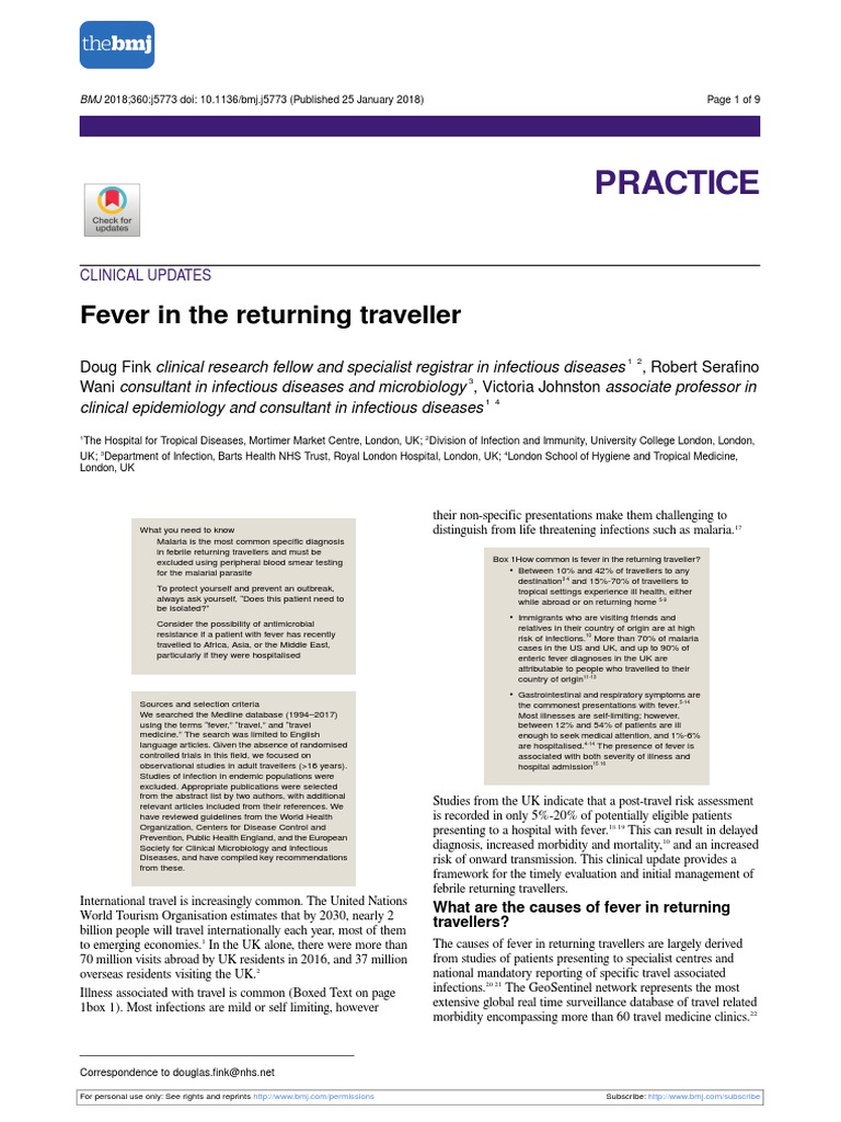 Fever in the Returning Traveler: A Framework for the Timely Evaluation ...
