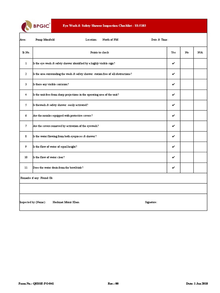 5103 Eye Wash & Safety Shower Inspection | PDF