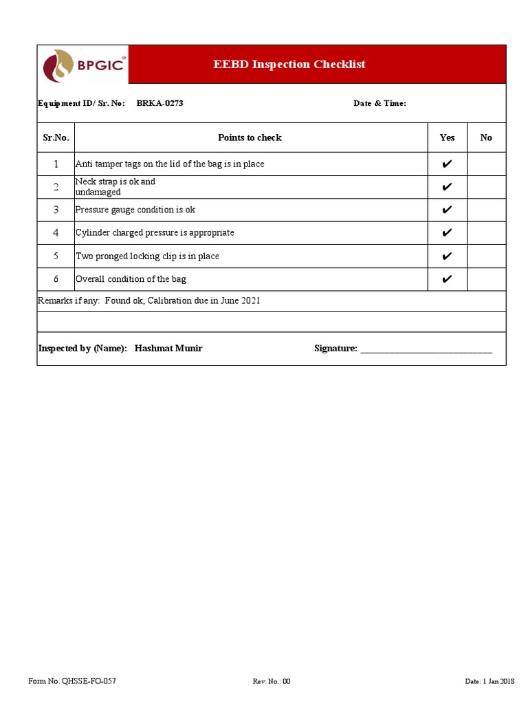EEBD Inspection Checklist: SR - No. Yes No Points To Check | PDF