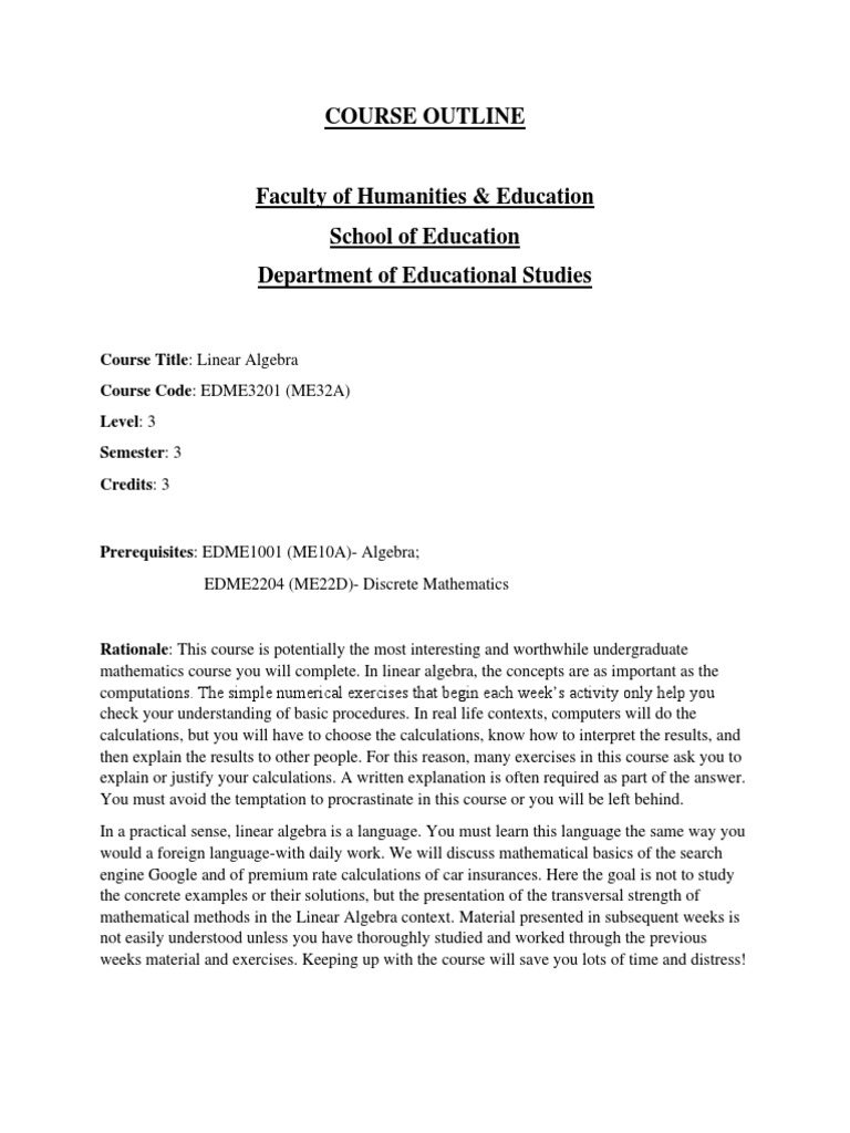 Linear Algebra Course Outline EDME3201 | PDF | Eigenvalues And ...