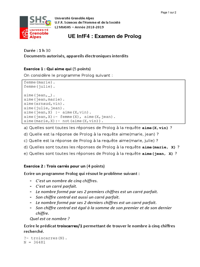 Examen Prolog MIASHS2 2019 | PDF | Informatique | Informatique
