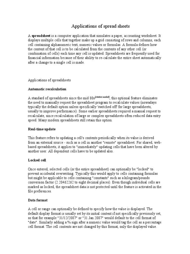 Applications of Spread Sheets | PDF | Spreadsheet | Microsoft Excel
