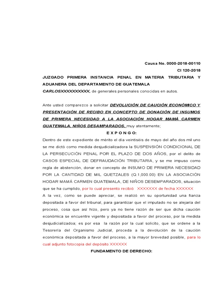 Ejemplo Memorial para Solicitar Devolucion | PDF | Guatemala | Derecho penal
