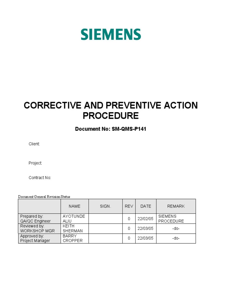 A Procedure for Corrective and Preventive Action | PDF | Audit | Business