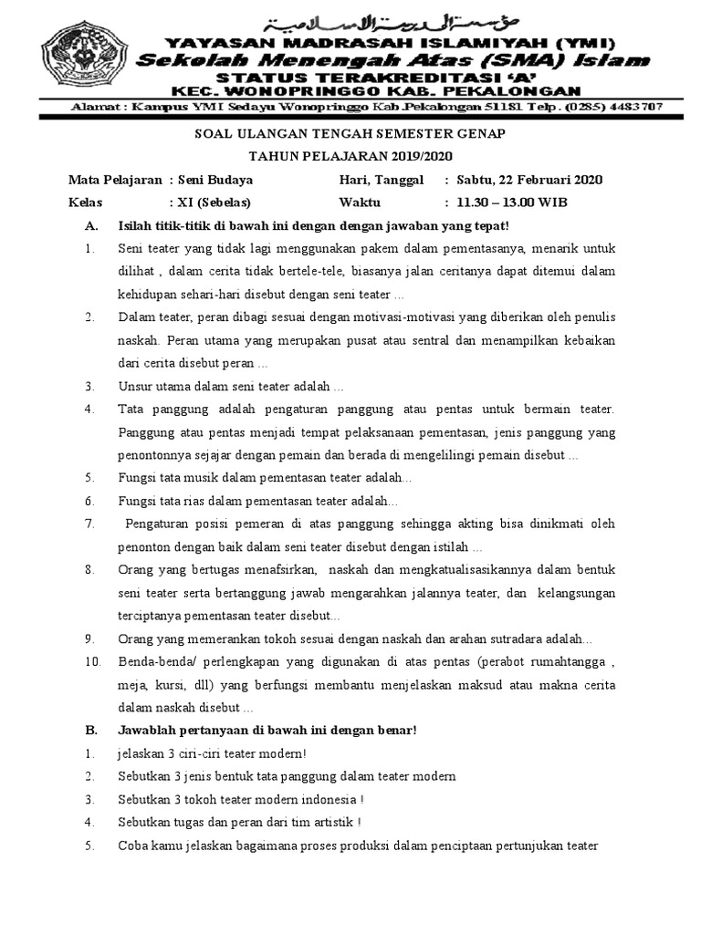 Soal Seni Budaya Kelas XI dan X | PDF | Kajian Bahasa Asing | Seni