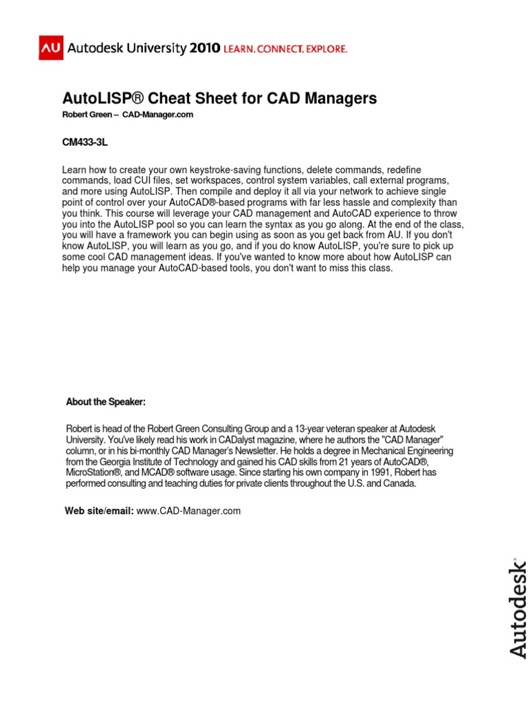 AutoLISP Cheat Sheet For CAD Managers Handout | PDF | Computing ...