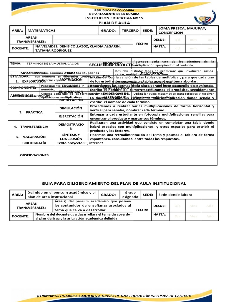 Formato Plan de Aula 2018 | PDF | Plan de estudios | Salón de clases